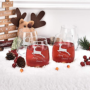 Waipfaru Set of 4 Merry Christmas Wine Glasses with White Christmas Deer Stemless Glasses Xmas Festival Decoration Christmas Holiday Festival Gifts for Family Friends(White Deer, 15 Oz)