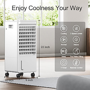 Portable Air Conditioners, 3-IN-1 Evaporative Air Cooler, Swamp Coolers w/ 3 Ice Pack, 1.85 Gal Water Tank, 4 Modes, 80° Oscillation, 7H Timer, Portable Ac for Bedroom, Room, Indoor White Black