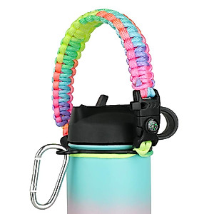 Paracord Handle - Fits Wide Mouth Bottles 12oz to 64oz - Durable Carrier, Paracord Carrier Strap Cord with Safety Ring,Compass and Carabiner - Ideal Water Bottle Handle Strap (Rainbow)
