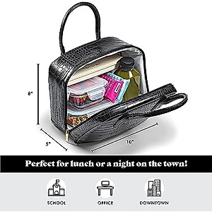 Fit & Fresh Faux CROC Adult Insulated Lunch Bag with Carry Handles, Complete Lunch Kit Includes Travel Flatwear Set, Black Large