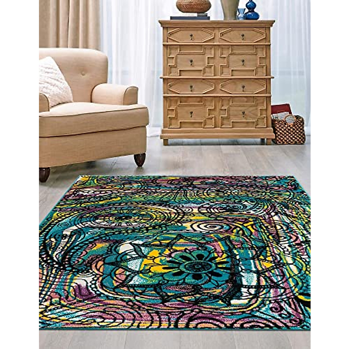 Unique Loom Metro Collection Modern Abstract Henna Floral Area Rug, 9 x 12 ft, Black/Ivory