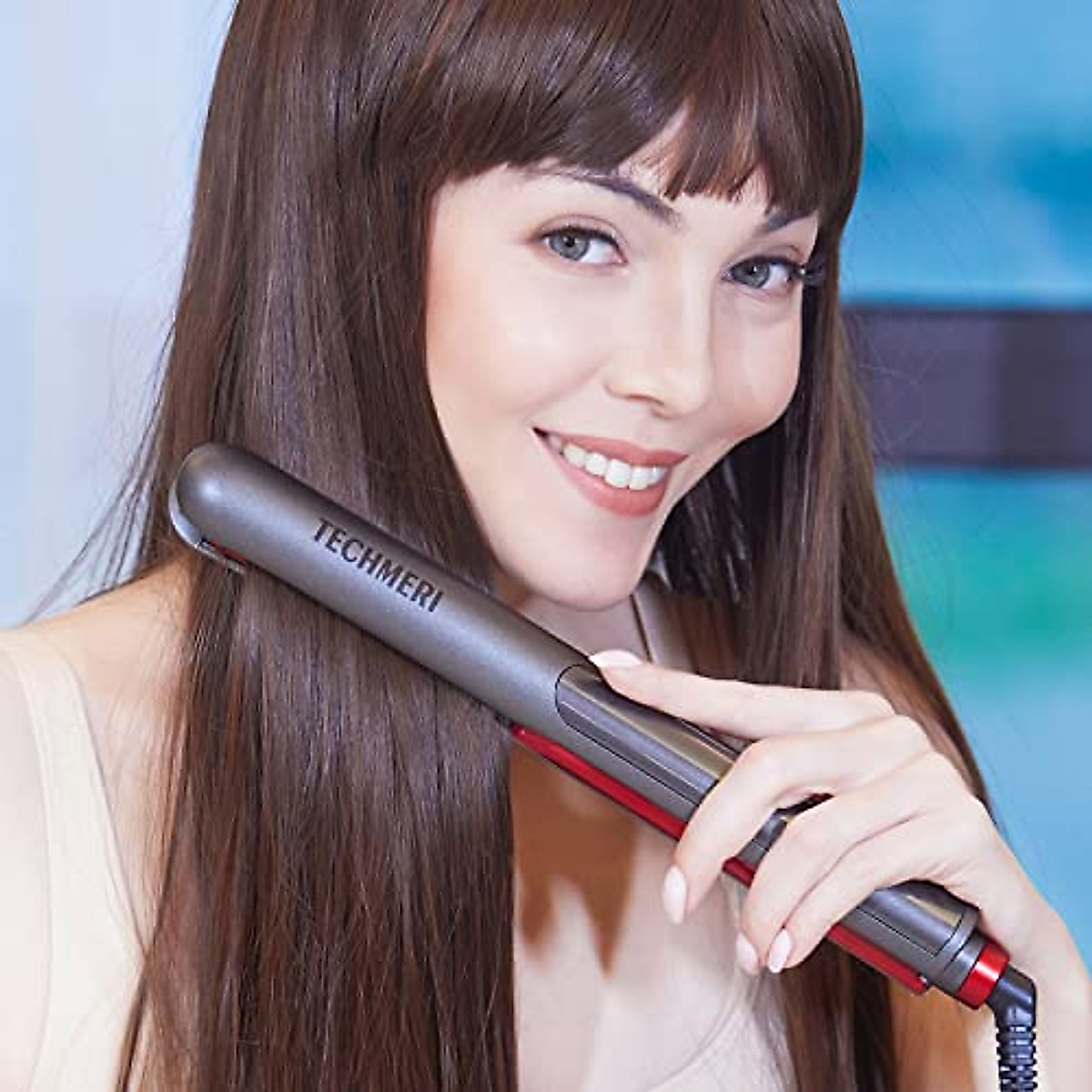 TECHMERI Hair Straightener and Curler 2 in 1, Flat Iron Hair Straightener with 5 Temp, Titanium Flat Iron with Dual Voltage, Temperature Memory