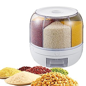 KONKENIE 6 Grids Rotatable Grain Storage Tank with Lid 10kg Rice Cereal Bean Flour Plastic Container 360° Rotating Round Dry Food Dispenser for Home Kitchen Pantry Store White&Clear (9.5x10.6x10.6in)