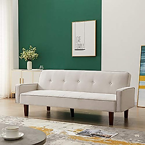 Eafurn Futon Sofa Bed with Wooden Legs Convertible Sleeper Couch Adjustable Loveseat Daybed, Comfy Sofa & Couches for Small Living Room Bedroom, Beige