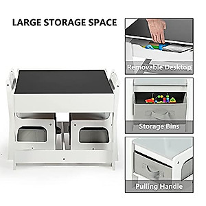 Kinder King Kids Wood Table & 2 Chairs Set, 3 in 1 Children Activity Table w/Storage, Removable Tabletop, Blackboard, 3-Piece Toddler Furniture Set for Art, Crafts, Drawing, Reading, Playroom, Grey