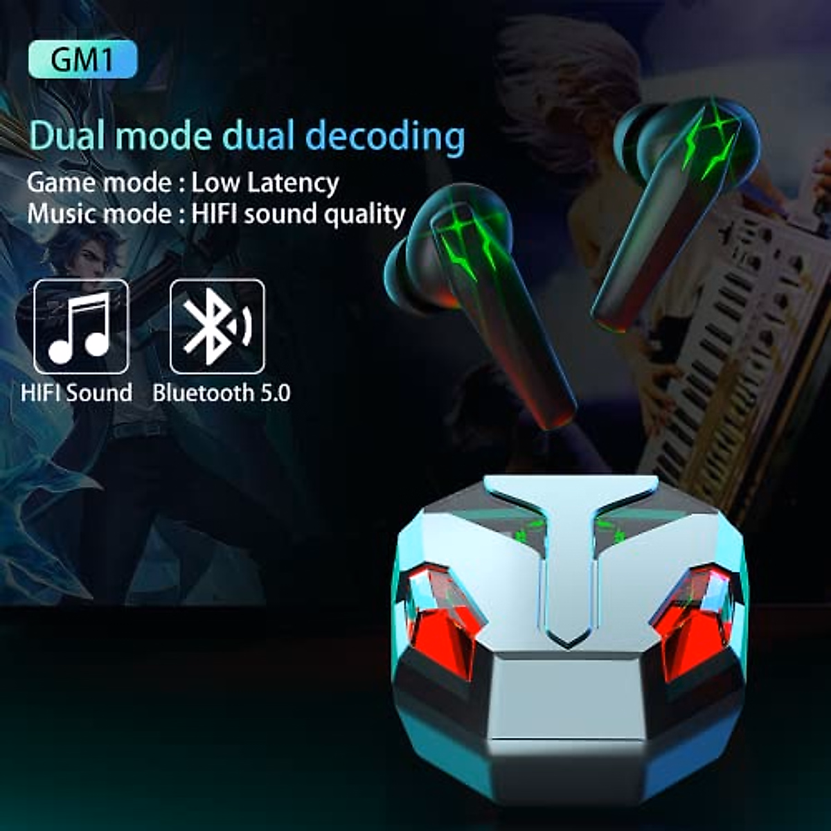 Gaming Earbuds, Bluetooth 5.0 Wireless Gaming Earbuds with 45ms Ultra Low Latency HI-FI Stereo, Gaming in-Ear Earbuds with Game/Music Modes, Gaming Earbuds with Deep Bass for Gaming, Home, Office