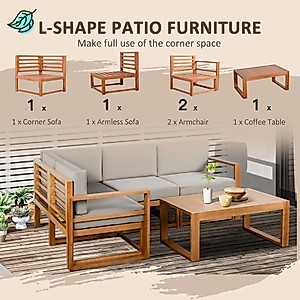 Outsunny 4 Seater L Shaped Patio Furniture Set with Coffee Table and Cushions, Wood Outdoor Sectional Sofa Conversation Set for Garden, Backyard, Porch and Poolside (Gray)
