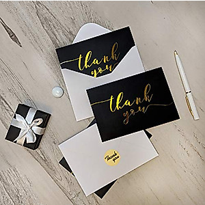 100 Thank You Cards in Black with Envelopes and Stickers - Quality Elegant Bulk Notes Embossed with Gold Foil Letters for Weddings, Graduations, Engagements, Business, Formal, Funeral, 4x6