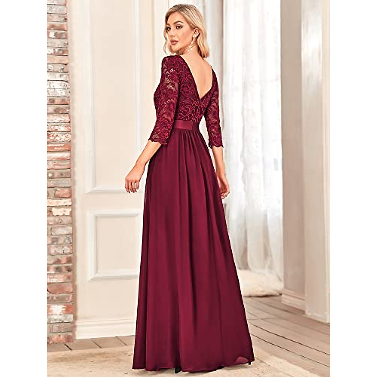 Ever-Pretty Women Lace Elegant 3/4 Sleeve Summer Maxi Evening Gown Burgundy US12
