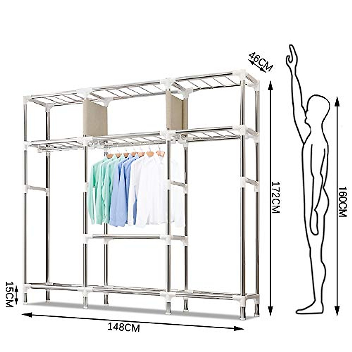 ZZBIQS Extra Large Wardrobe Clothes Storage Closet, Portable Garment Organizer Shelves Rack, Flannel Fabric Cover Standing Closet with Hang Rod and 2 Side Pockets, Beige