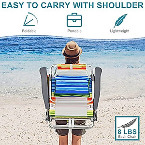 Safstar Folding Beach Chair Set, 2 Pack Folding Chair and Aluminum Small Table, 5-Position Adjustable Camping Chairs with Ice Bag, Comfort Pillow, 3 PCS Backpack Recline Beach Chairs (Color Strip)