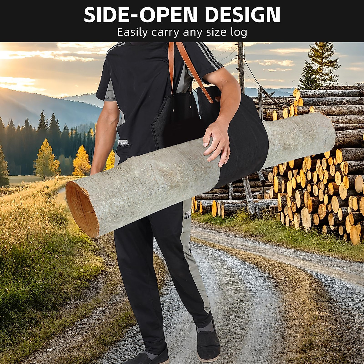 Permade Firewood Carrier with Real Leather Handles, Log Carrier for Firewood Canvas, 38.4x17.3inch Wood Carrier for Fireplace, Water Resistant Firewood Tote Bag, Stove, Outdoor Camping - Black