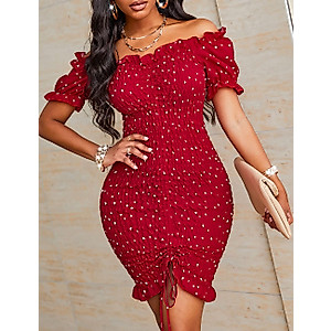 PRETTYGARDEN Women's Summer Off Shoulder Bodycon Dresses Short Sleeve Drawstring Sexy Mini Party Club Smocked Dress (Red,Large)
