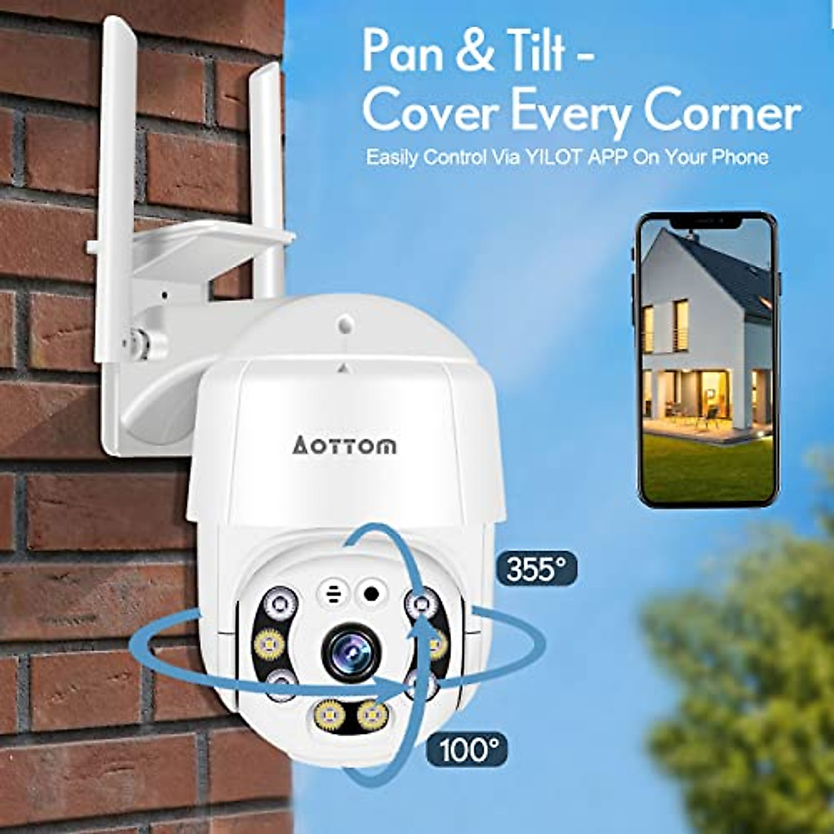 Aottom Security Camera Outdoor 2MP - 360°View Wireless WiFi Home Surveillance Camera with Pan/Tilt/Motion Dection Activity Alert/Night Vision / 2-Way Audio/Waterproof/APP/Support 128G SD Card