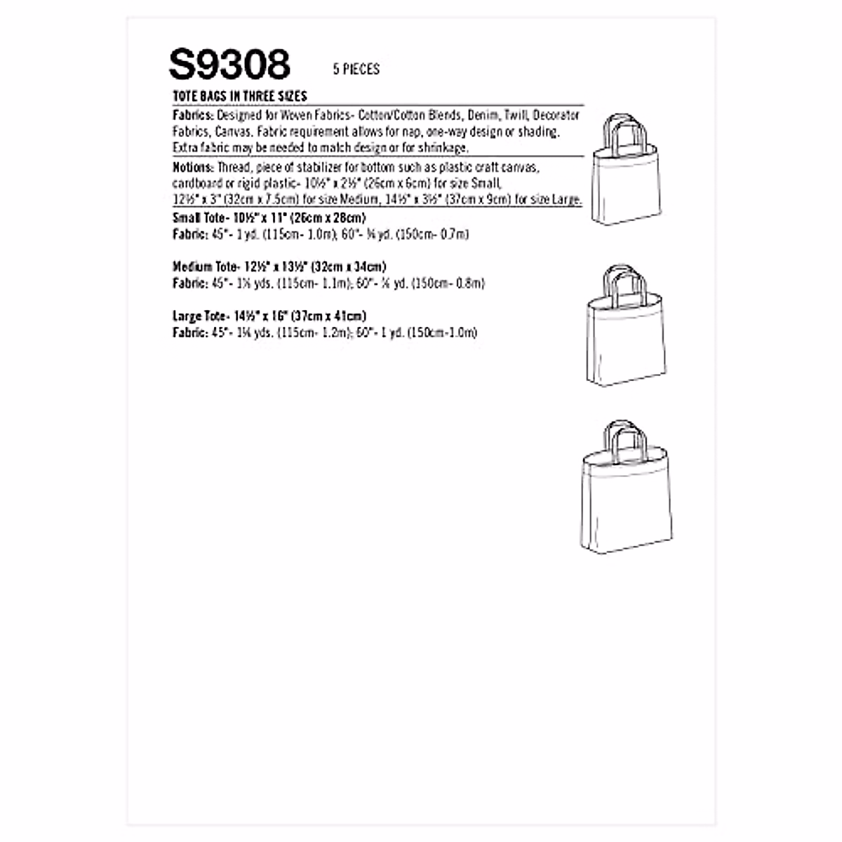 Simplicity Unlined Tote Bag Packet, Code 9308 Sewing Pattern, One Size, White