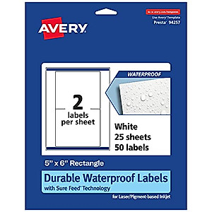 Avery Durable Waterproof Rectangle Labels with Sure Feed, 5" x 6", 50 Oil and Tear-Resistant Waterproof Labels, Laser/Pigment-Based Inkjet Printable Labels