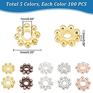 PH PandaHall 500pcs 5mm Flower Spacer Beads 5 Colors Tibetan Alloy Daisy Metal Spacers Mini Snowflake Loose Beads Craft Jeweley Beads for Bracelet Necklace Earring Jewelry Making