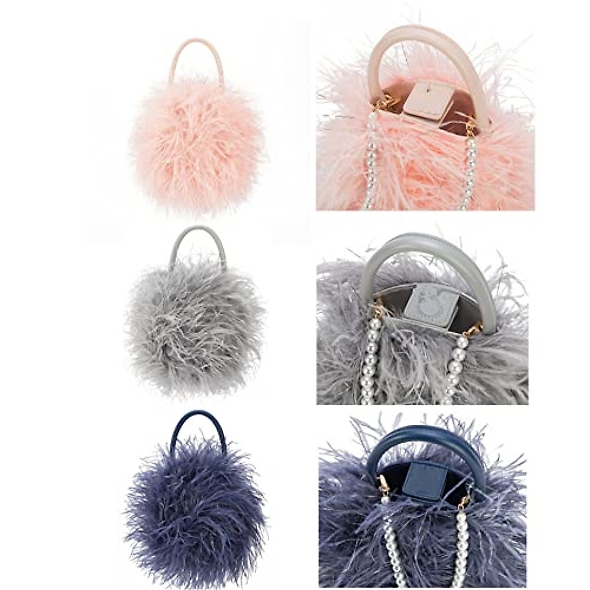 Skying Women's Real Ostrich Feather Evening Purse Handbag Clutch, Party Gift Wool Bag Wallet Tote For Winter (Bluish Gray)