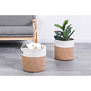 ZFRXZ Cotton Rope Storage Baskets with Handles Set of 2, Laundry Basket Hamper for Baby Toys Blankets, Decorative Woven Plants Basket, Cube Bins Containers Organizers 11"x11" (White-Jute)