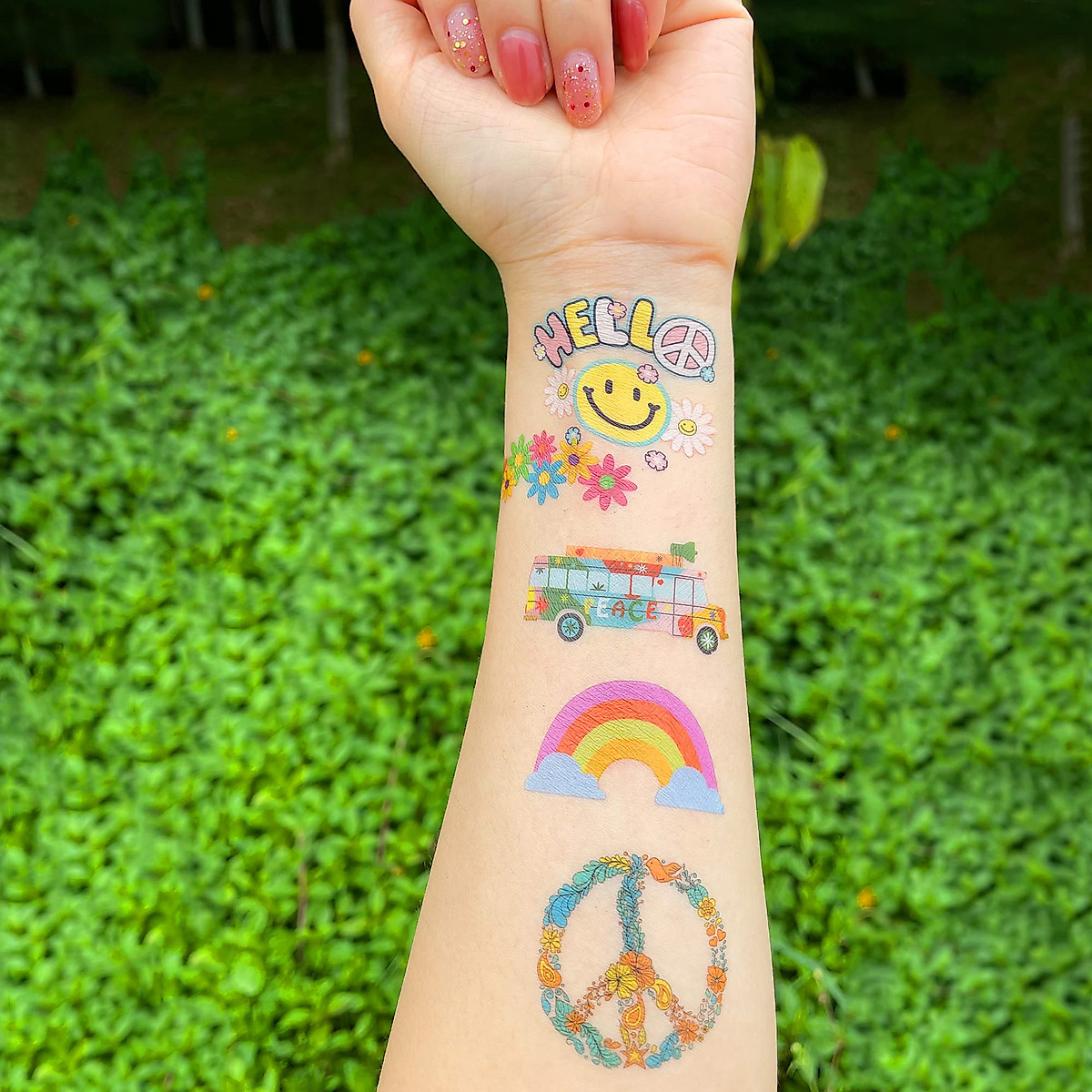 TATUWST Hippie Temporary Tattoos for man and Women Adult 70’s Groovy Hippie Love and Peace Rainbow Waterproof Face Body Waterproof Body Party Accessories,79 styles Tiny Removable Fake Tattoo stickers