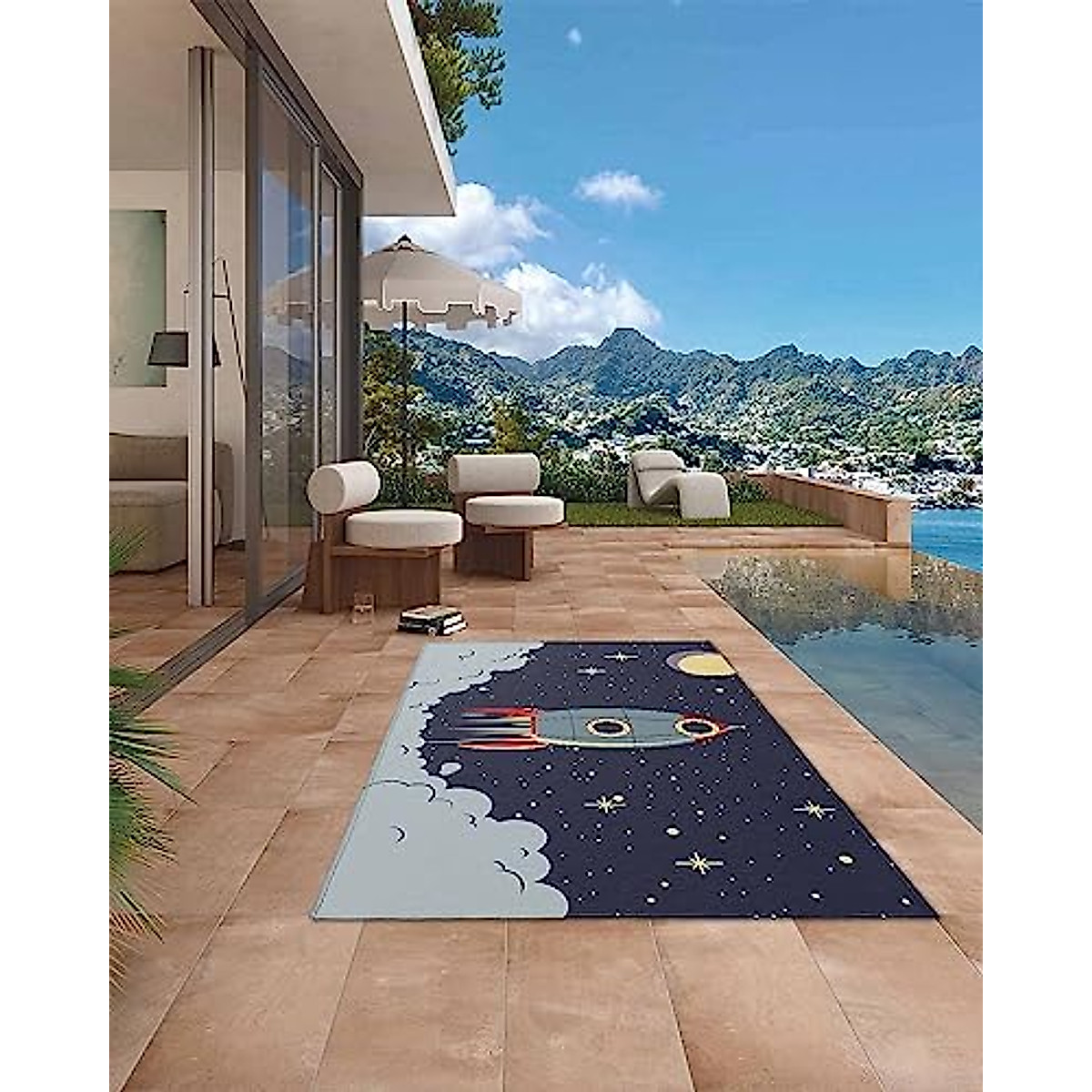 CHARMHOME Indoor Outdoor Rugs 5'x8' - Waterproof Patio Rug Camping Rug for Porch Deck Backyard Patio - Space Theme Cute Cartoon Rocket Moon and Stars Pattern Area Rug Easy Clean