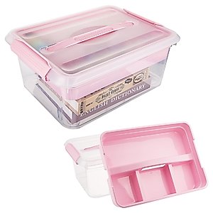 2-Pack Craft Organizers and Storage Boxes, 20 QT Playdoh storage box with Frosted Lid & Removable Tray, Pink Multi-Purpose Organizer for Toys, Crafts, Tools, Bead