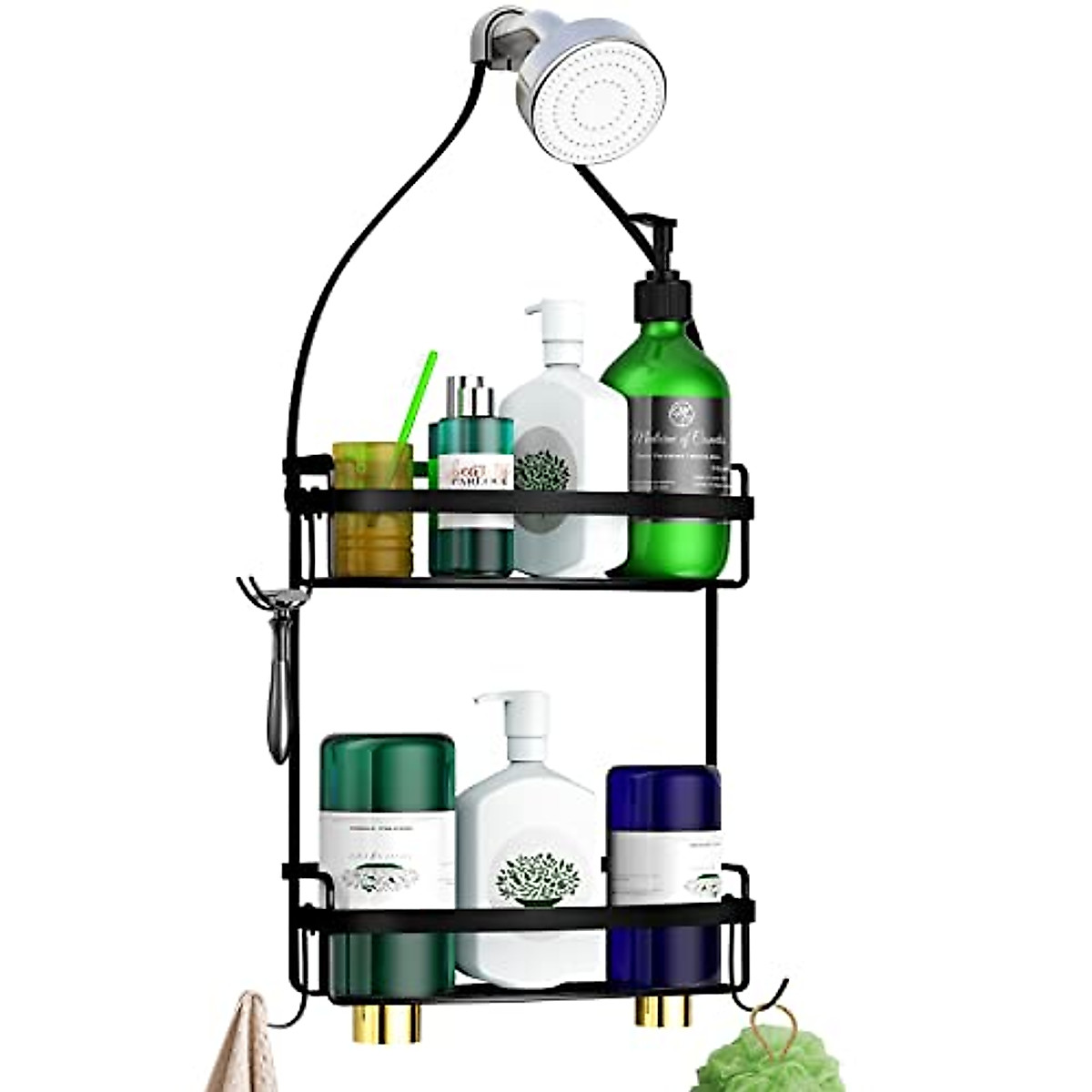 Kadolina Shower Caddy Over Shower Head, Bathroom Hanging Shower Organizer Holder Storage for Shampoo, Shower Storage Rack with Hooks for Razor and Sponge (Black)