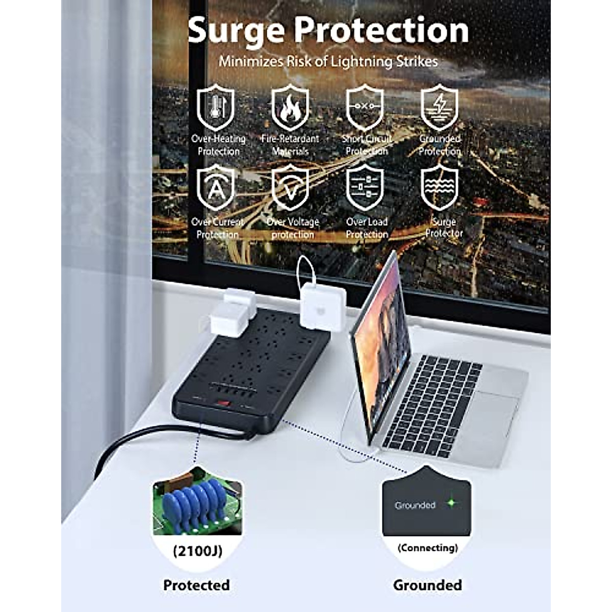 Power Strip Surge Protector, FDTEK Multi Plug Outlet with 22 AC Outlets and 6 USB 1875W/15A 2100 Joules 6.5Ft Flat Plug Extension Cord Heavy Duty Large Power Strip for Home, Office, Dorm, Gaming Room