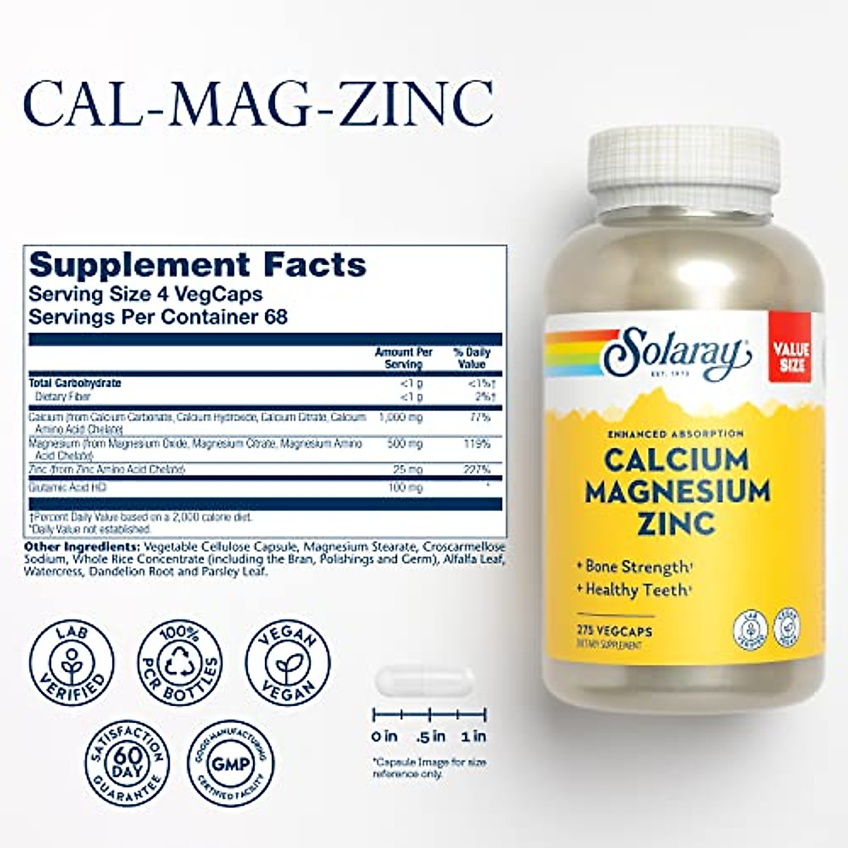 Solaray Calcium Magnesium Zinc Supplement, with Cal & Mag Citrate, Strong Bones & Teeth Support, Easy to Swallow Capsules, Vegan, 68 Servings, 275 VegCaps