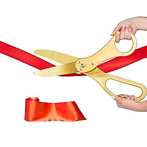 Crutello Ribbon Cutting Ceremony Kit - Grand Opening Ribbon and Scissors - 21" Giant Gold Scissors and 30 Foot Large Red Ribbon 4" Wide - Ceremonial Ribbon Cutting Kit