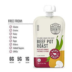 Serenity Kids Bone Broth Puree Made With Organic Veggies | Clean Label Project Purity Award Certified | 3.5 Ounce BPA-Free Pouch | Grass Fed Beef Pot Roast | 6 Count