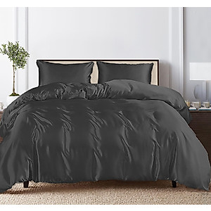 Linenwalas Tencel Lyocell Duvet Cover Set with Deep Pocket Fitted Sheet, Viscose Made from Eucalyptus Soft, Lightweight and Breathable Complete Bedding Set (Charcoal Grey, Queen)