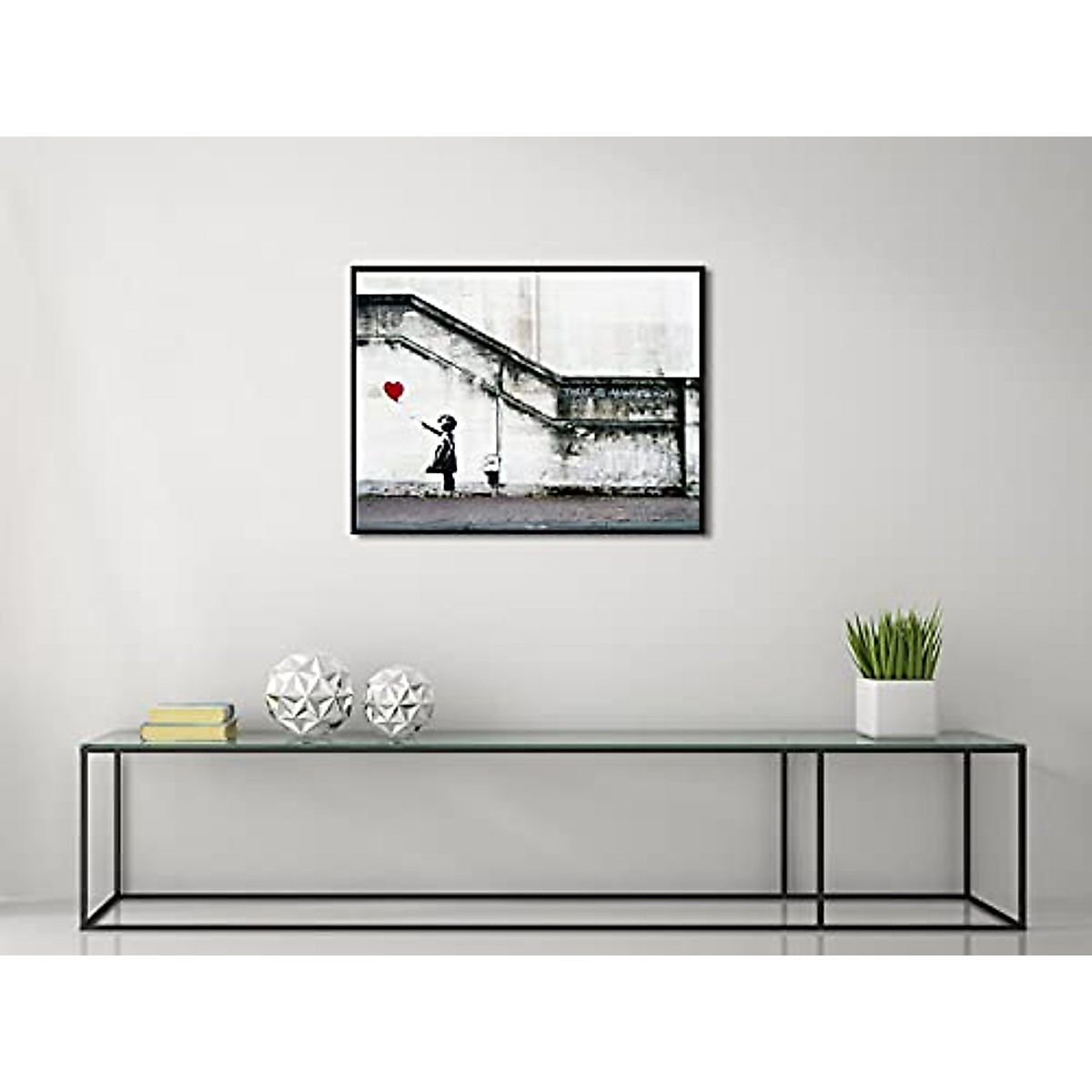 Wieco Art Framed Canvas Wall Art Canvas Prints of Banksy Grafitti Girl with Red Balloon Abstract Artwork for Wall Decor Home Decorations Black Frame