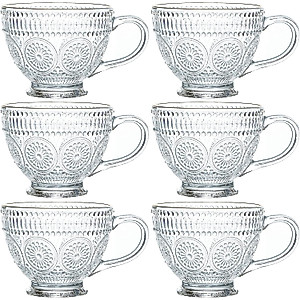 Kingrol Glass Coffee Mugs with Handles, 6 Pack 12.5 Ounces Embossed Tea Cups, Vintage Drinking Glassware for Water, Milk, Latte, Cappuccino, Dessert, Beverage