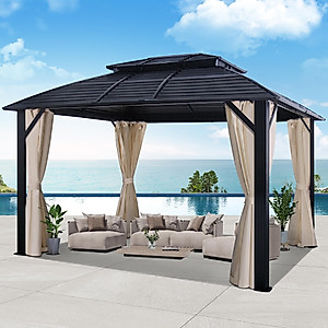 GARTOO 10x12FT Outdoor Galvanized Steel Hardtop Gazebo - Dome Canopy Gazebo with Breathable Mesh Screen & Private Curtains for Gaeden, Poolside, Deck, Backyard