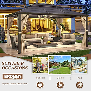 EROMMY 10' x 13' Gazebo Polycarbonate Double Roof Canopy Outdoor Aluminum Frame Pergola, Permanent Pavilion with Netting and Curtains for Garden Patio Lawns Parties