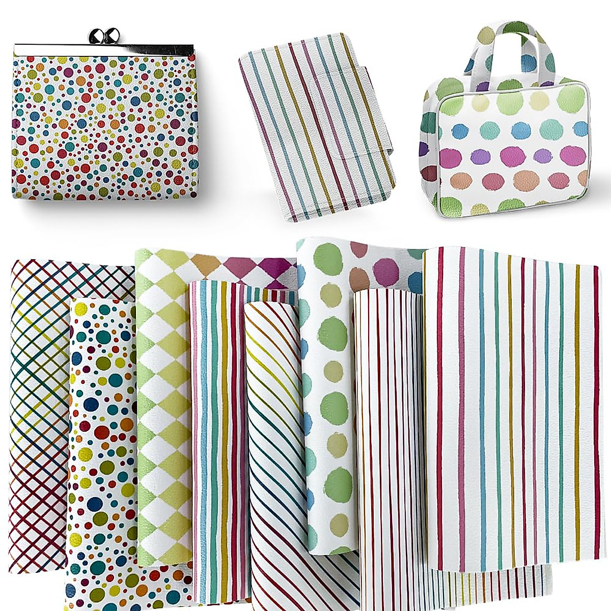 ONEART | 8 Pcs Printed Lychee Texture Faux Leather Sheets, 8"×12" Colorful Geometric Synthetic Leather Fabric for Earrings DIY Crafts Making-Rainbow