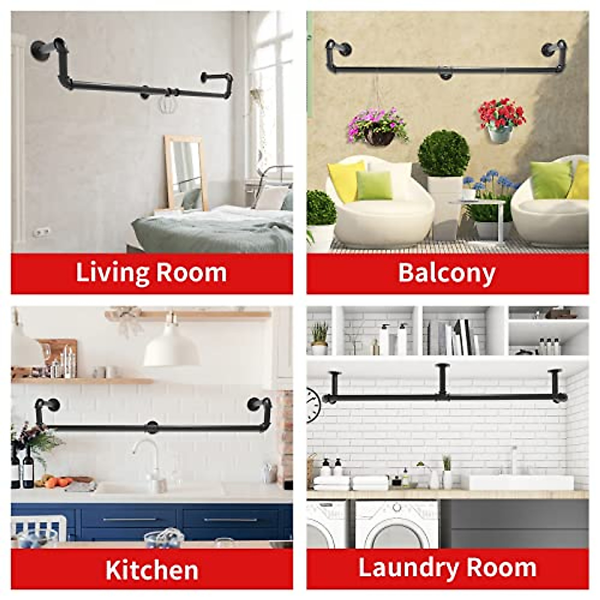 PNBO Wall Mounted Clothes Rack 59 in Length,Industrial Pipe Clothing Rack Wall Mounted Max Load 132Lb,Wall Mounted Garment Rack Space-Saving,Clothes Hanging Rod Bar Multi-Purpose Hanging