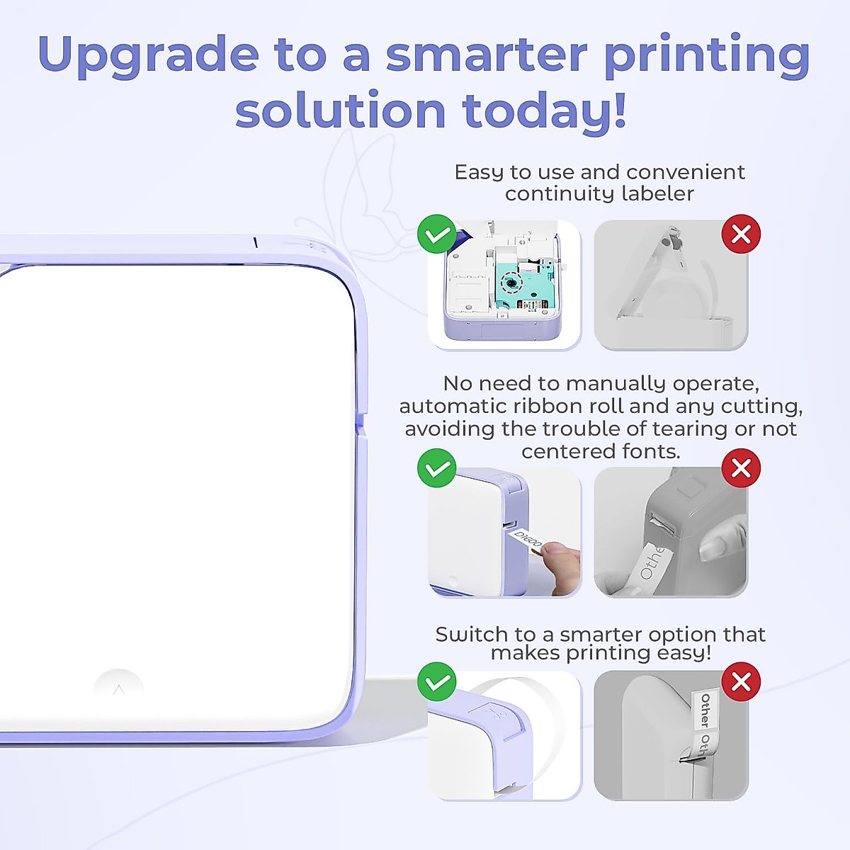 Vixic Label Maker Machine with Tape, Mini Portable Purple Label Maker Printer D1600 Connected Smartphone via Bluetooth, Multiple Stickers, Fonts, Borders for Home/School/Office Organization