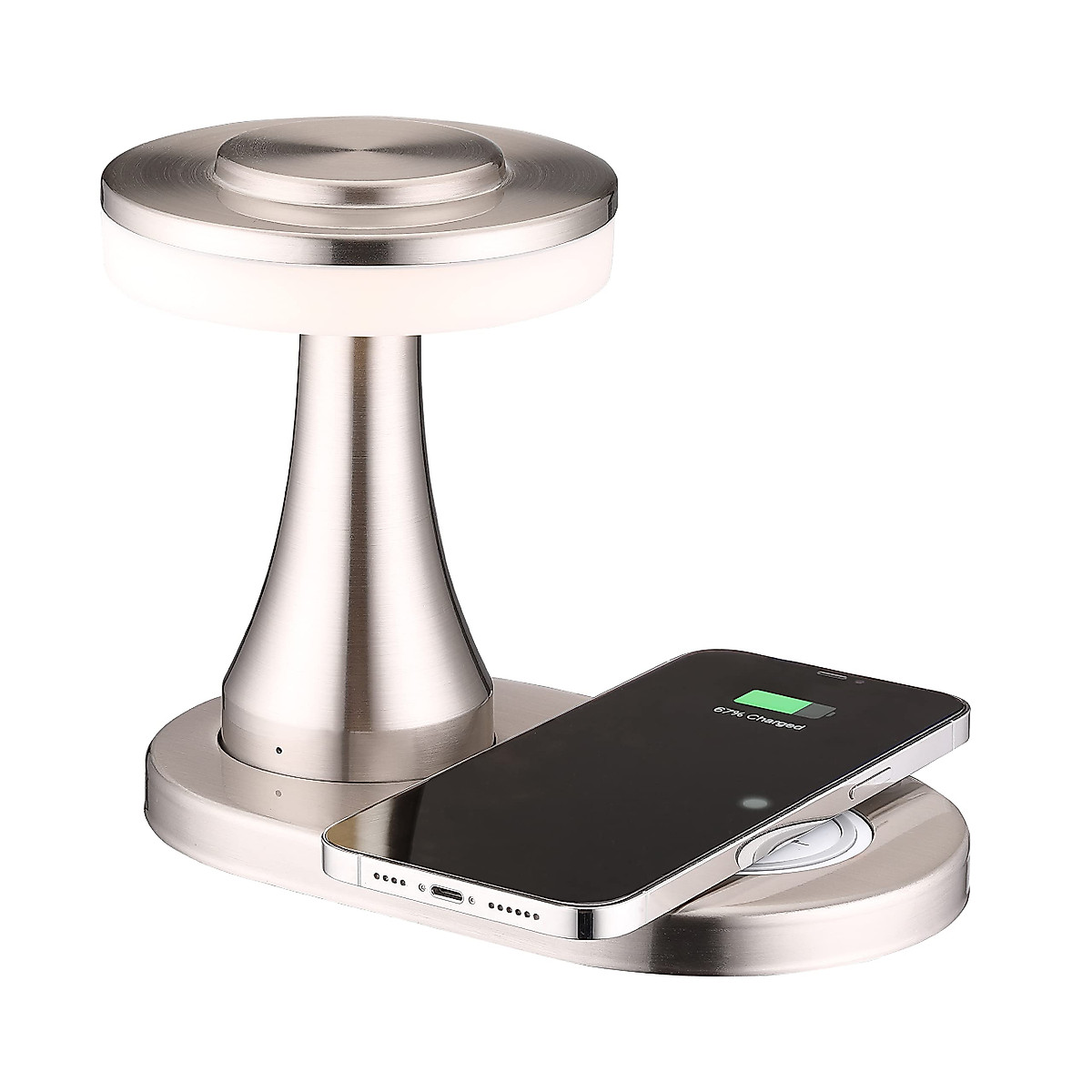 O’Bright - Portable LED Table Lamp with Wireless Charging Pad, Dimmable and Rechargeable Night Lamp, Ambient Light for Patio/Restaurant/Nursery, Bedside Nightstand Lamp, Brushed Nickel