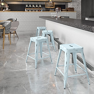 EMMA + OLIVER Commercial Grade 24" H Backless Distressed Green-Blue Metal Indoor-Outdoor Stool