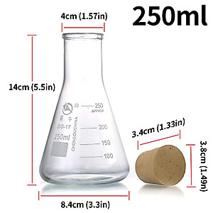 Young4us Glass Erlenmeyer Flask Set, (250 ml, 150 ml & 50 ml) Graduated Borosilicate Glass Erlenmeyer Flasks with Rubber Stoppers & Accurate Scales for Lab, Experiment, Chemistry, Science Studies etc