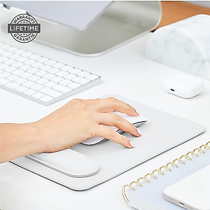HABITU Vegan Leather White Mouse Pad with Removable Magnetic Wrist Support & Anti-Slip Base, Ergonomic Mouse Pad with Wrist Rest, Cute Office Desk Accessories for Women and Men