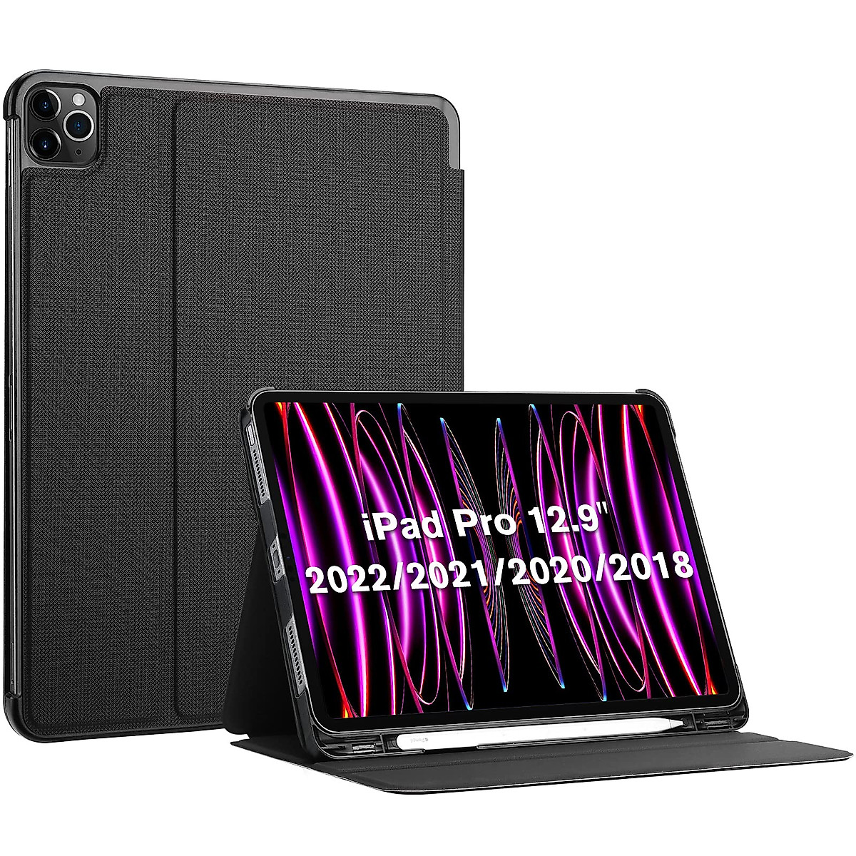 ProCase iPad Pro 12.9 Inch Case 2022 2021 2020 2018 with Pencil Holder, Folio Stand Smart Cover for iPad Pro 12.9 6th Gen 2022/5th Gen 2021/ 4th Gen 2020/ iPad Pro 12.9" 3rd Gen 2018 -Black