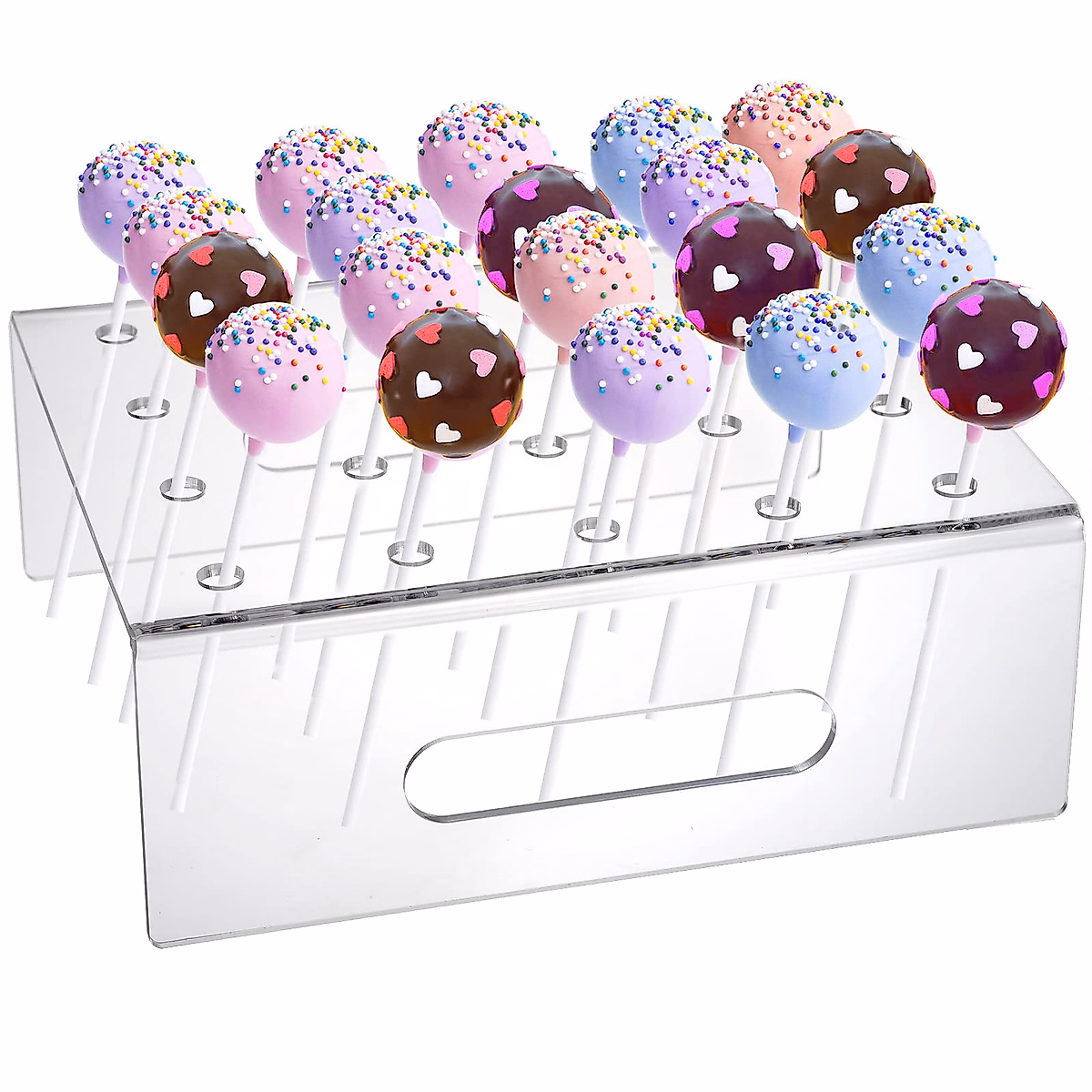 Jucoan 24 Pack Cake Push up Pop Containers and 20 Holes Push Pop Cake Stand, Reusable Cake Push Pop with Holder, Clear Acrylic Lollipop Display Stand for Weddings Baby Shower Birthday Christmas Party