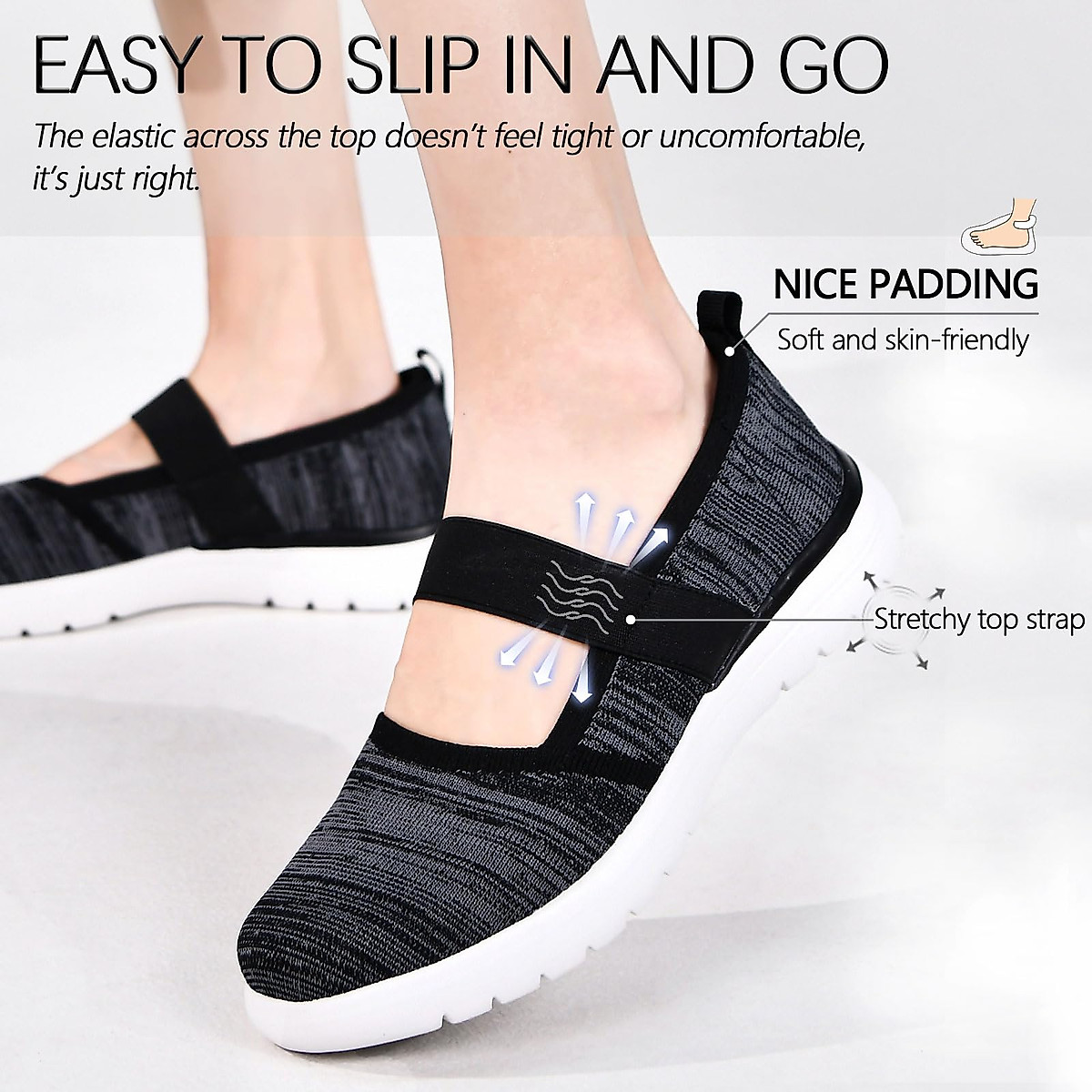 HONHOLD Women's Walking Shoes Mary Jane Nurse Sneakers Comfortable Slip On Nursing Shoes Non Slip Work Shoes Striped Black 7.5