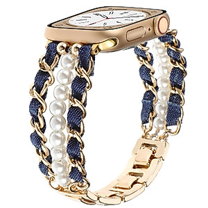 REALSIGN Pearl Beaded Bracelet Compatible with Apple Watch Band 42/44/45/46/49mm,Stylish Wristband Metal Cuban Chain Denim Cloth Cute Strap for iWatch Series 10 9 8 7 6 5 4 3 2 1 SE Ultra Women(42/44/45MM,Gold+Denim Blue)