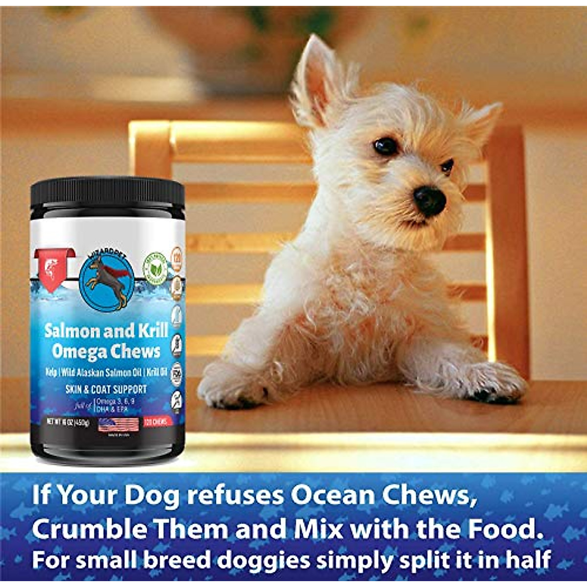 WIZARDPET Wild Alaskan Salmon & Krill Oil Chews for Dogs | 120 Soft Treats | Omega 3 6 9 Fish Supplement with EPA, DHA for Itch Free Skin Coat Joints | Allergy Relief | Reduce Hair Shedding | USA