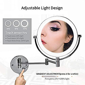 Jolitac 8.5 Inch LED Makeup Mirror Wall Mount, 10X/1X Magnification Chrome Personal Make Up Mirror Round Shaped, Double-Sided Swivel Vanity Mirror Touch Button Adjustable Light for Bathroom
