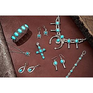 American West Jewelry Sterling Silver Women’s Drop & Dangle Earrings Leaf and Squash Blossom Design Blue/Green Turquoise Gemstone